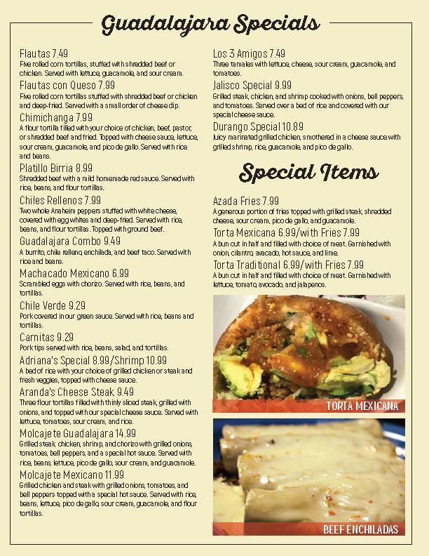 Menu at Guadalajara Mexican Grill restaurant, Pittsburg