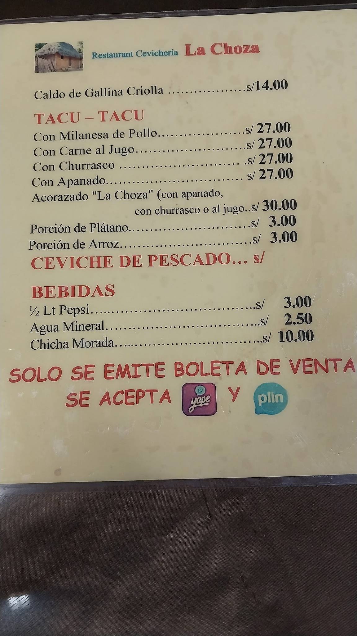 Carta del restaurante La Choza, Piura