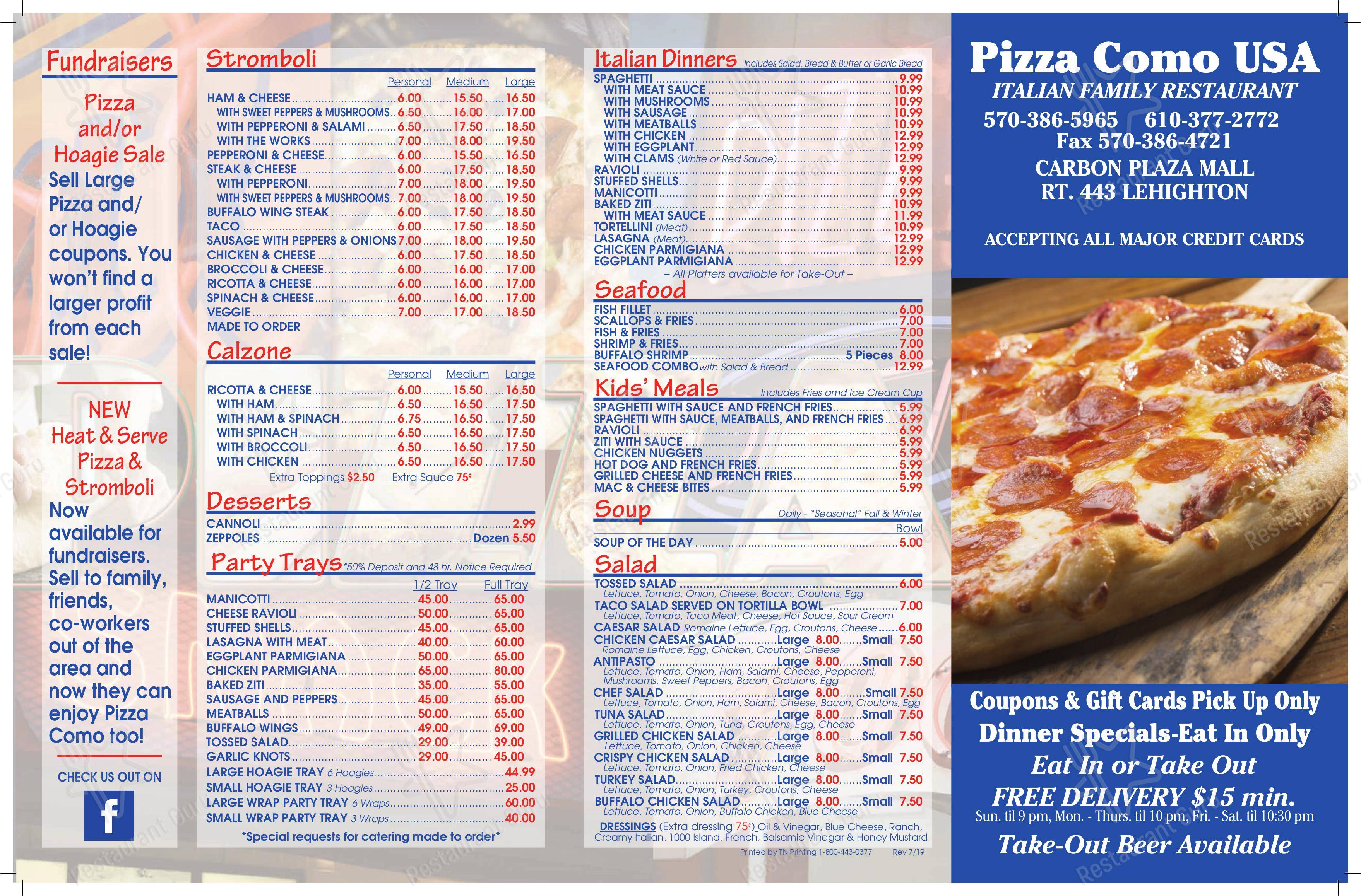 Menu at Pizza Como USA pizzeria, Lehighton, Blakeslee Blvd Dr E