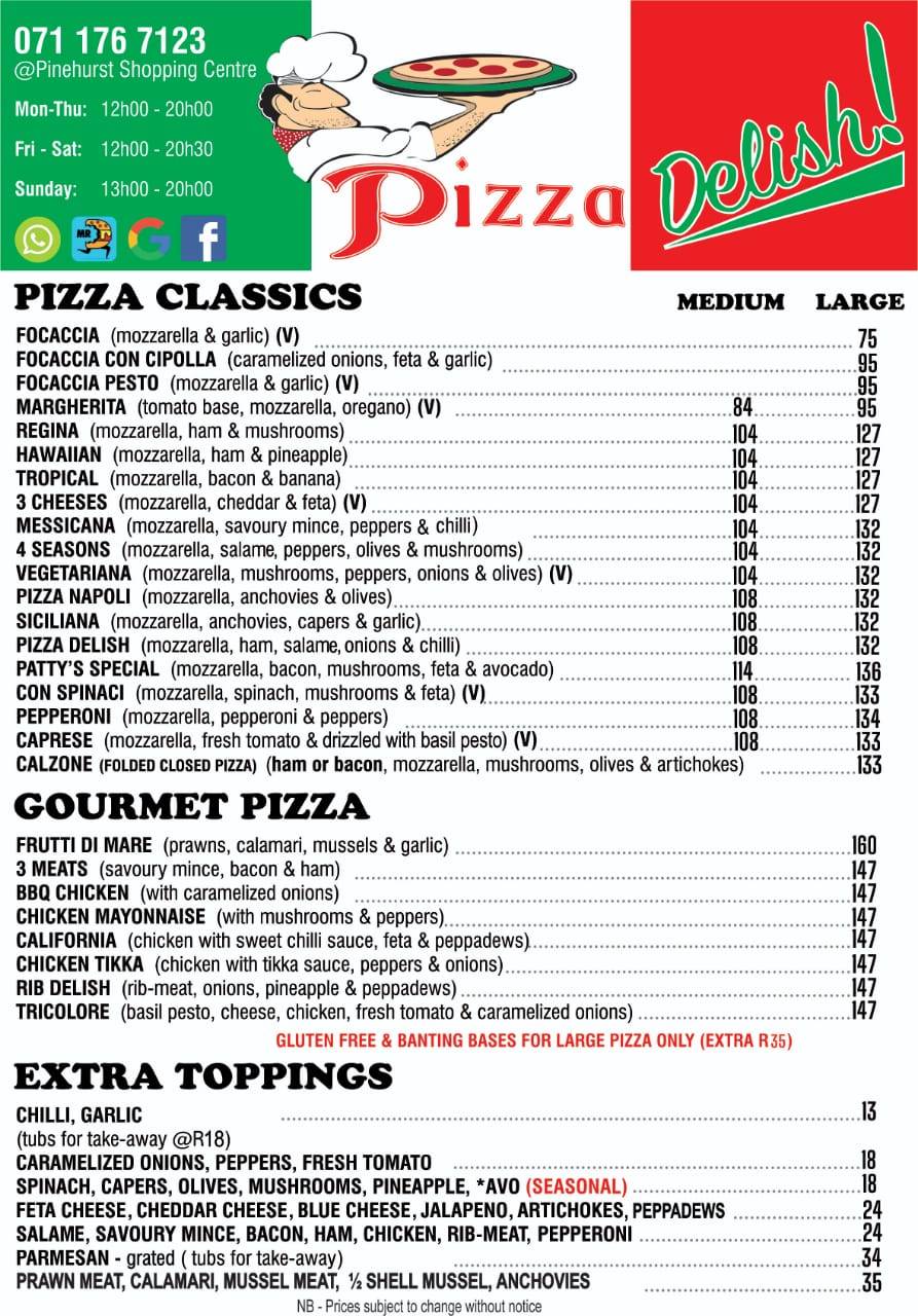 Menu at Pizza Delish! pizzeria, Cape Town, Shop 28 Pinehurst Shopping Mall