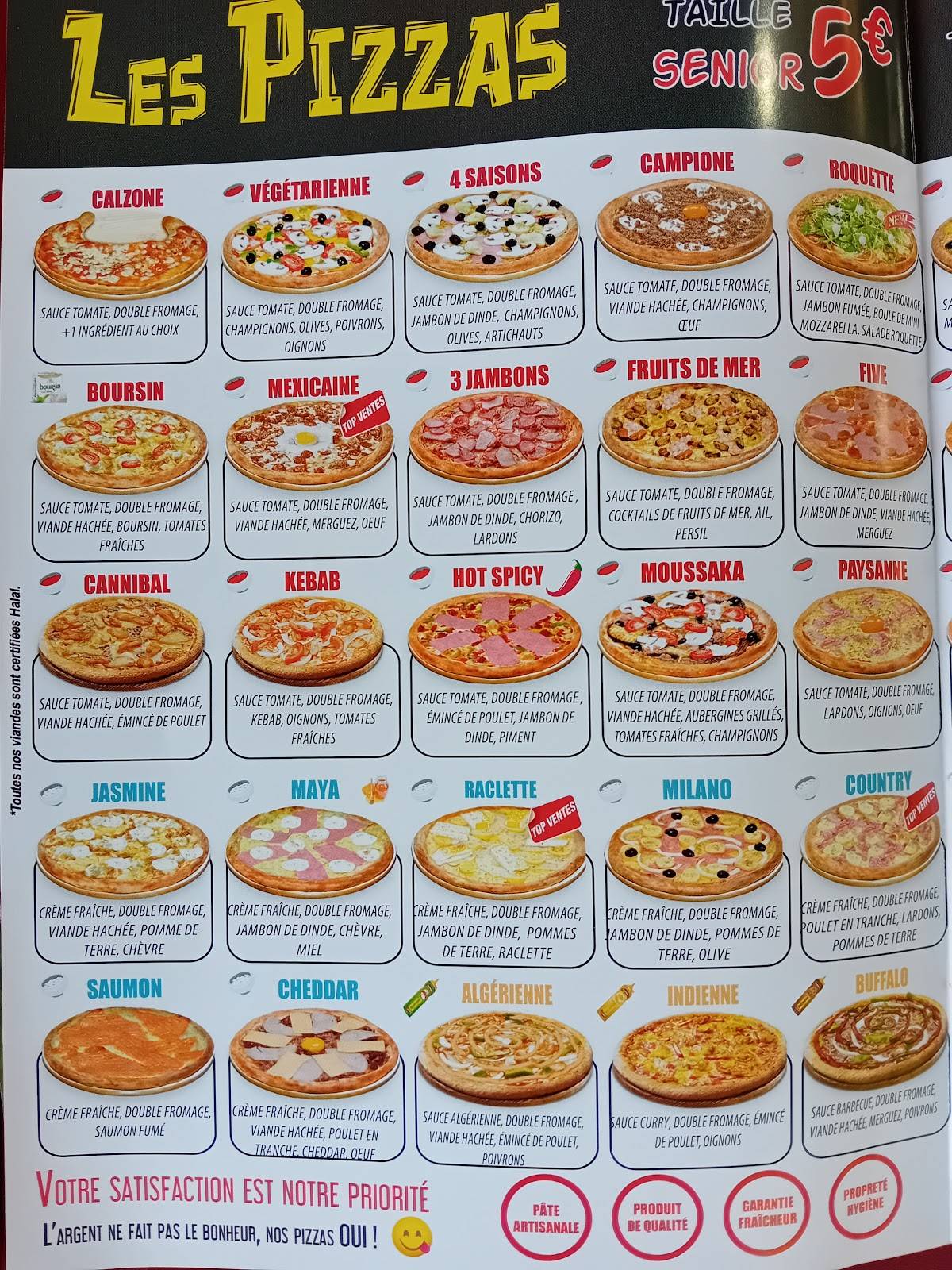 Menu au Pizza Five restaurant, Stains