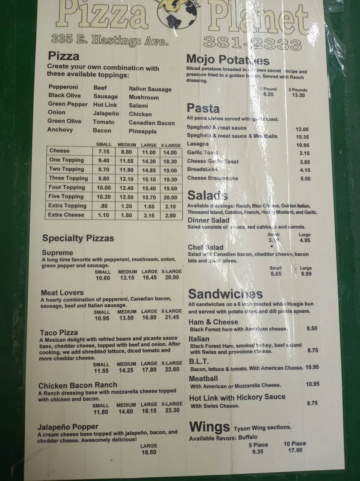 Menu at Pizza Planet pizzeria, Amarillo, 335 E Hastings Ave
