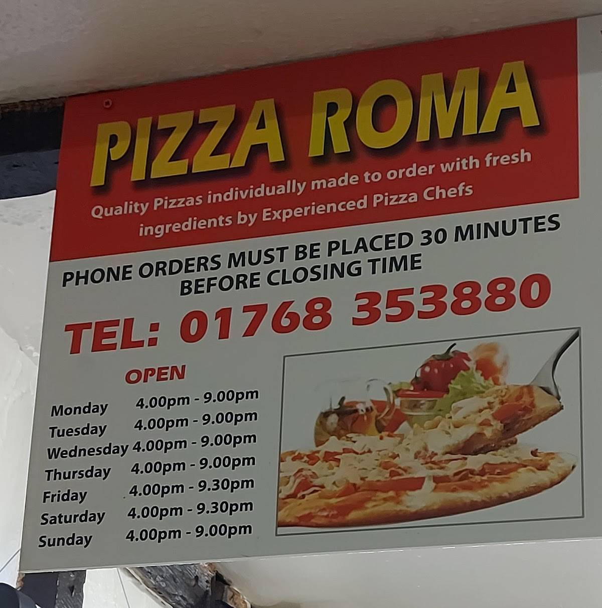 Menu at Pizza Roma pizzeria, Appleby-in-Westmorland