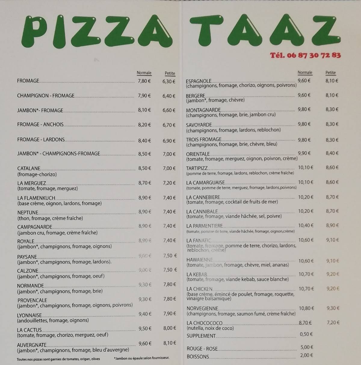 Menu at Pizza Taaz restaurant, Souvigny