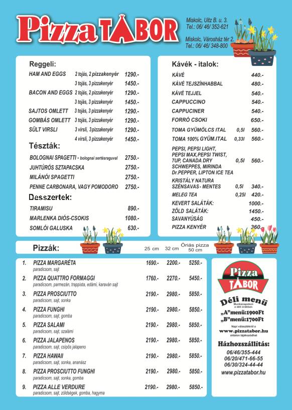 Menu at Pizza Tábor restaurant, Miskolc, Uitz Béla u. 3