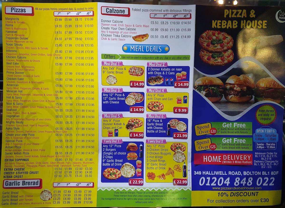 Menu at Pizza & Kebab House fast food, Bolton, 349 Halliwell Rd