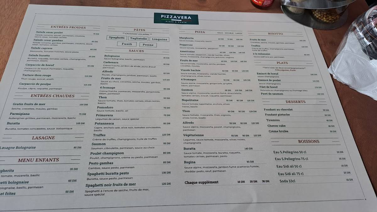 Menu at Pizza vera bouskoura restaurant, Casablanca