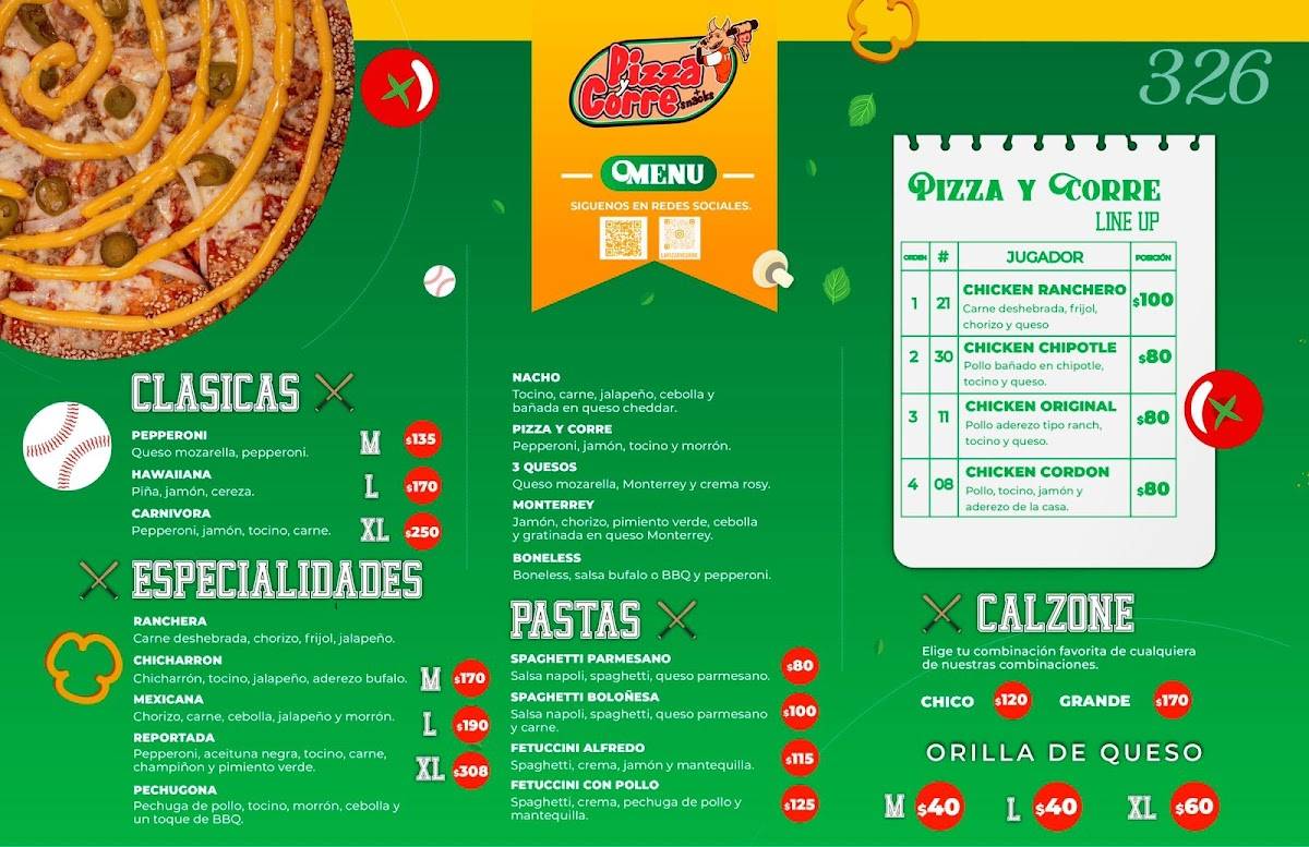 Menu at Pizza y corre tecate restaurant, Tecate