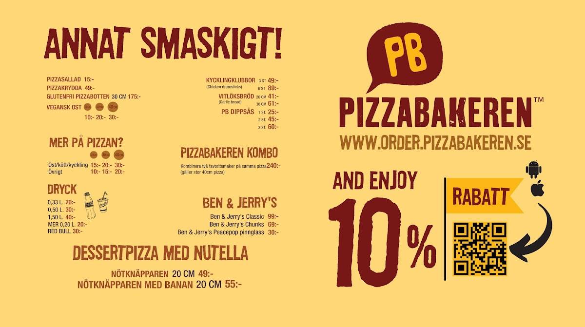 Menu at Pizzabakeren Sodertalije restaurant, Södertälje