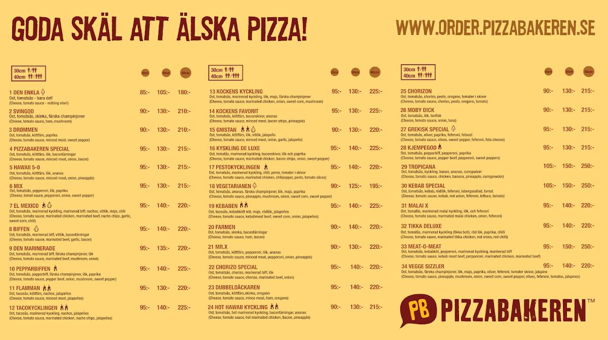 Menu at Pizzabakeren Sodertalije restaurant, Södertälje
