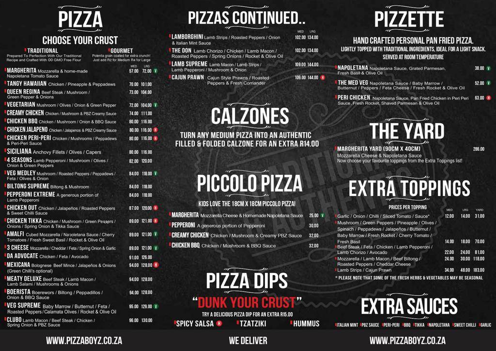 Speisekarte von Pizzaboyz South Beach, Durban