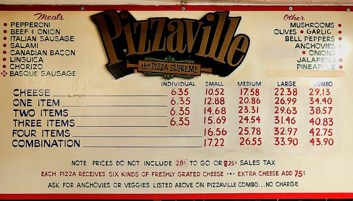 Menu at Pizzaville USA restaurant, Bakersfield