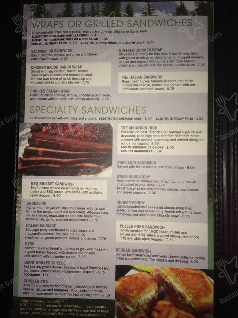 Menu at Alpine Lanes and Avalanche Grill pub & bar, Muskego