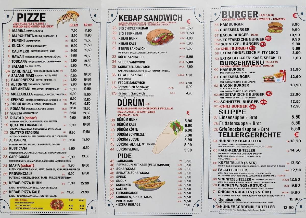 Speisekarte von Pizzeria BERFIN Kebab-Burger-Schnitzel Wien, Wien
