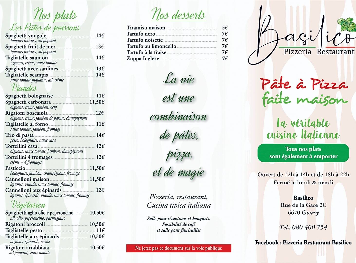 Menu au Pizzeria Basilico, Gouvy