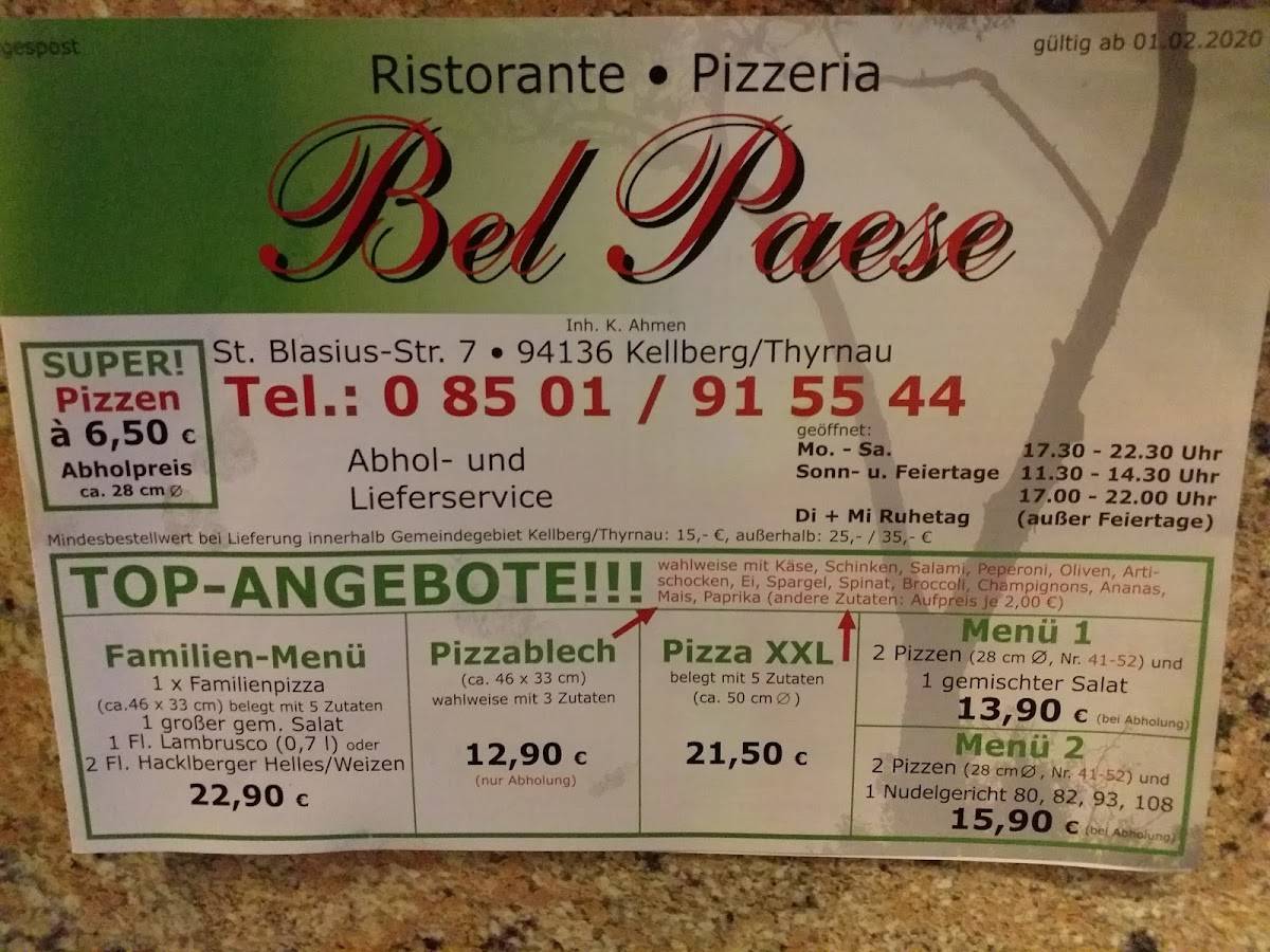 Speisekarte von Pizzeria Bel Paese, Thyrnau, St.-Blasius-Straße 7