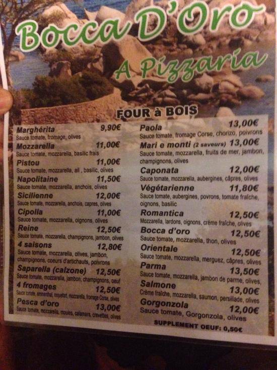 Carta de Pizzeria Bocca d'Oro, Porto Vecchio, del