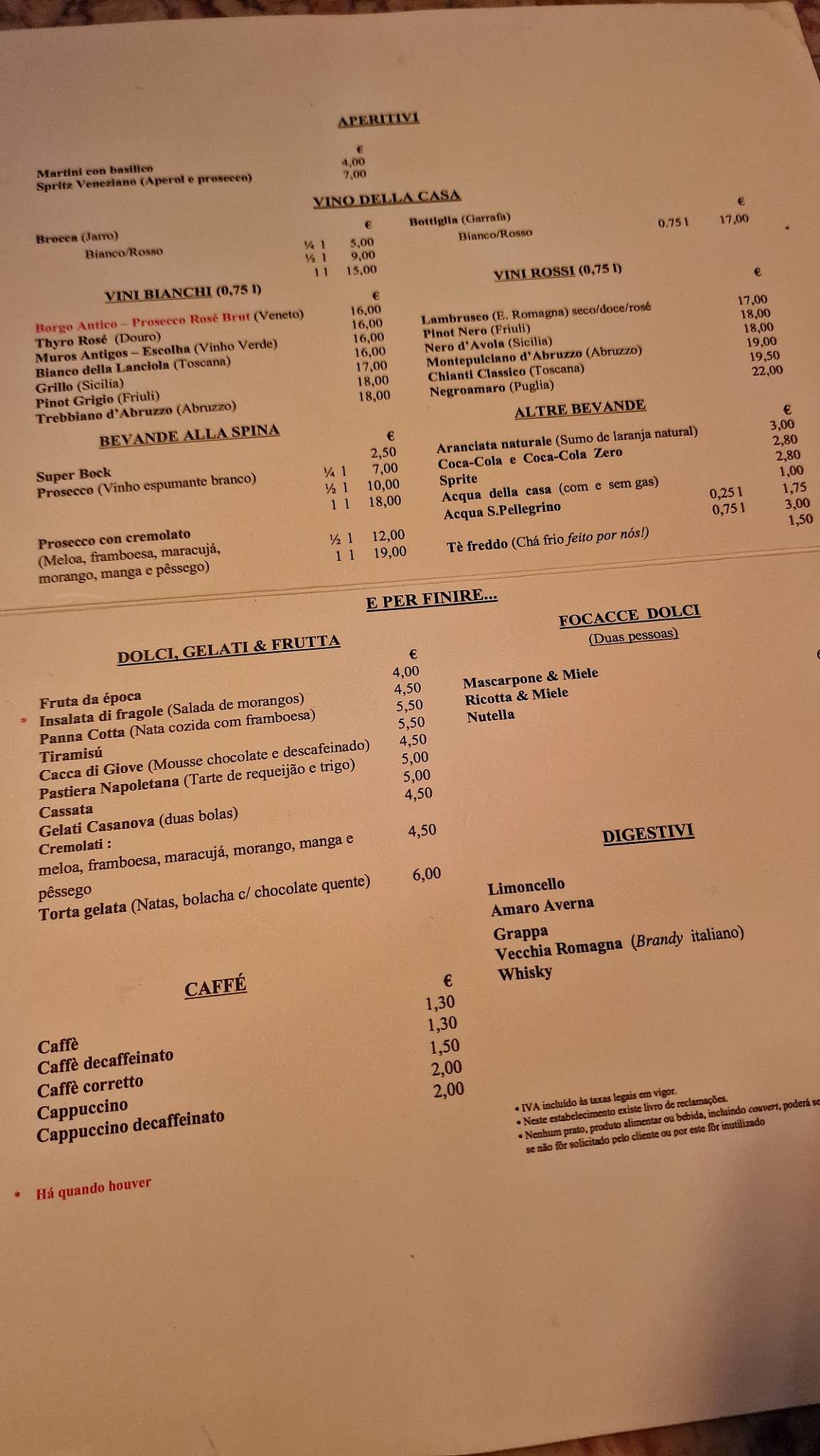 Menu at Casanova pizzeria, Lisbon
