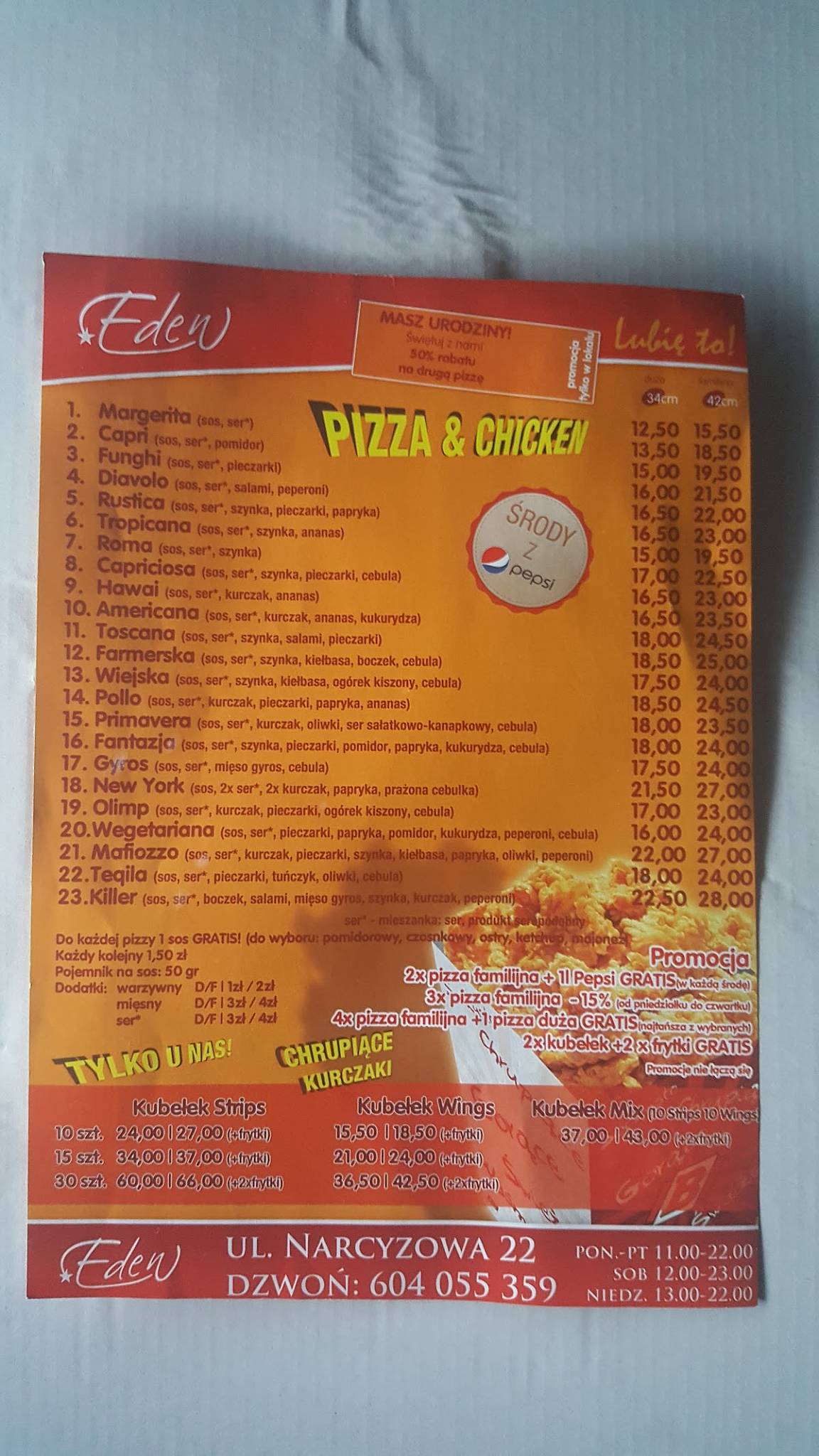 Menu at Pizzeria EDEN, Lipno