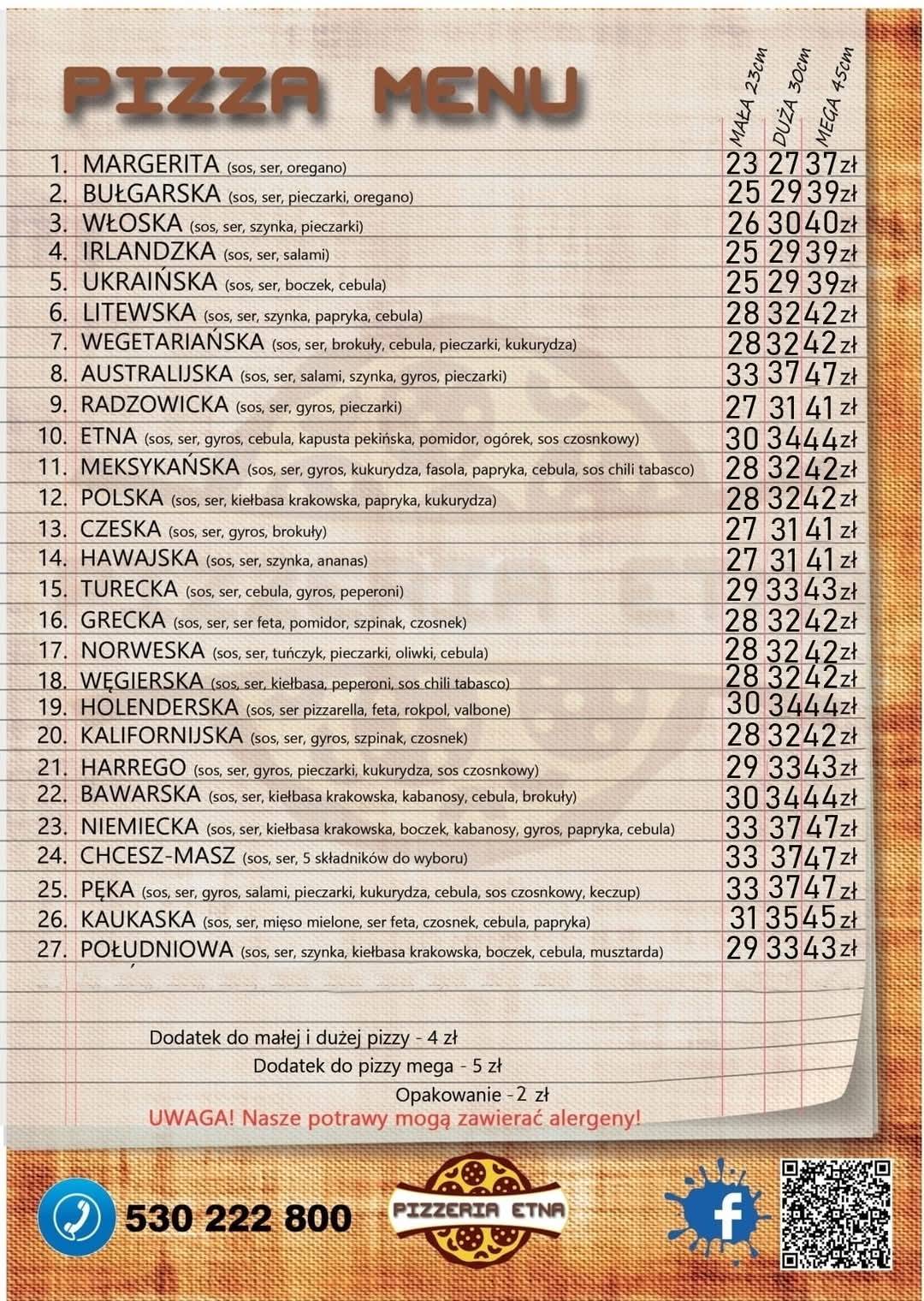 Menu at Pizzeria Etna, Dziadowa Kłoda