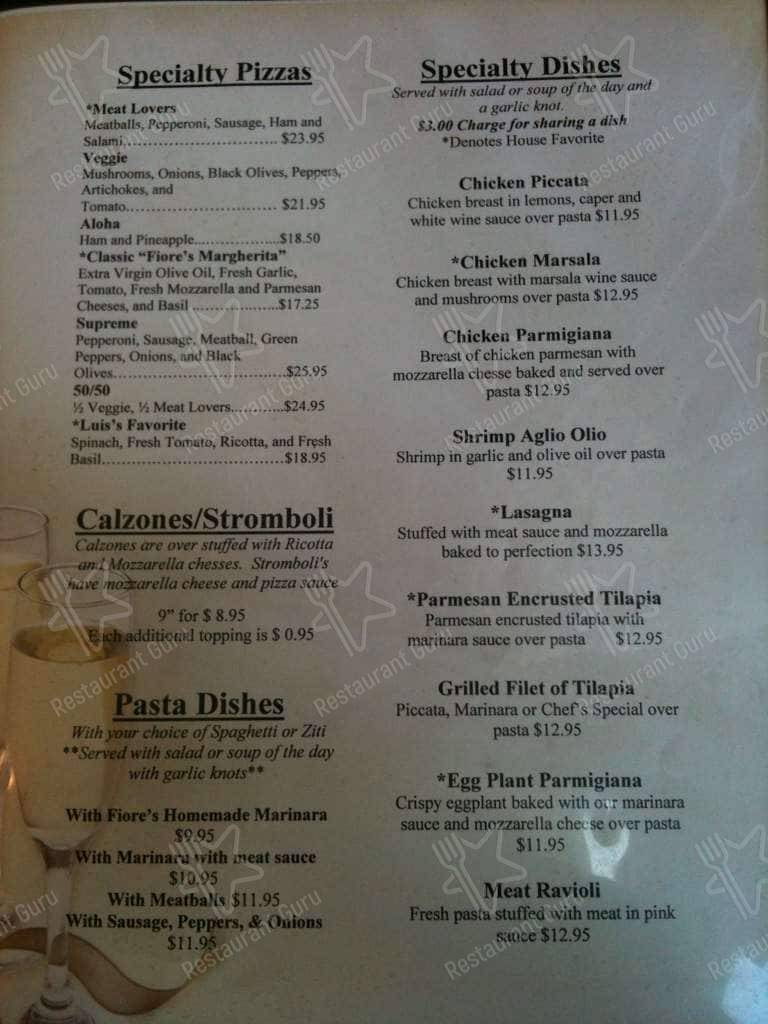 Menu at Fiore's pizzeria, Ocala, S Pine Ave