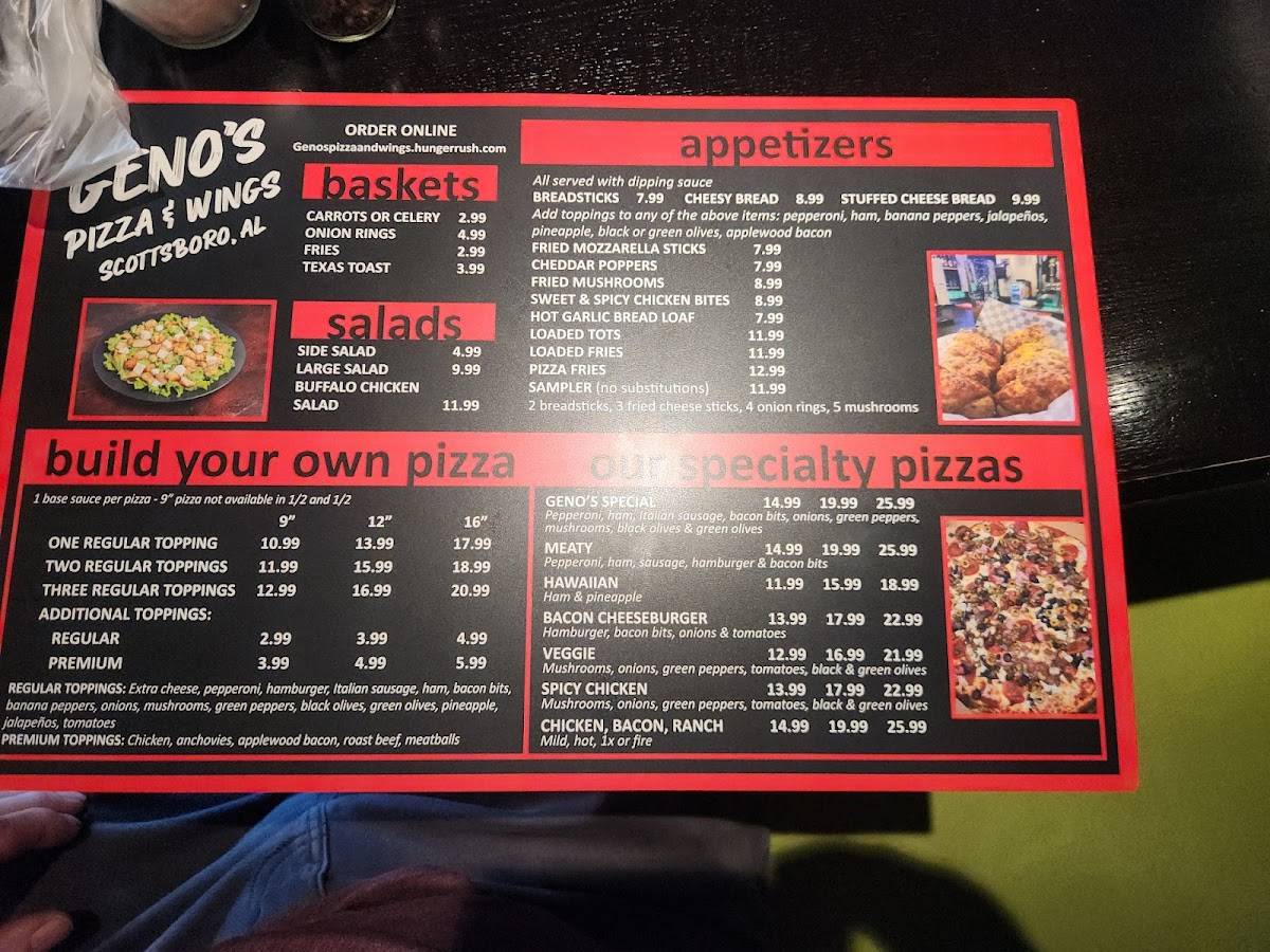 Menu at Geno's Pizza, Wings & Fingers pizzeria, Scottsboro