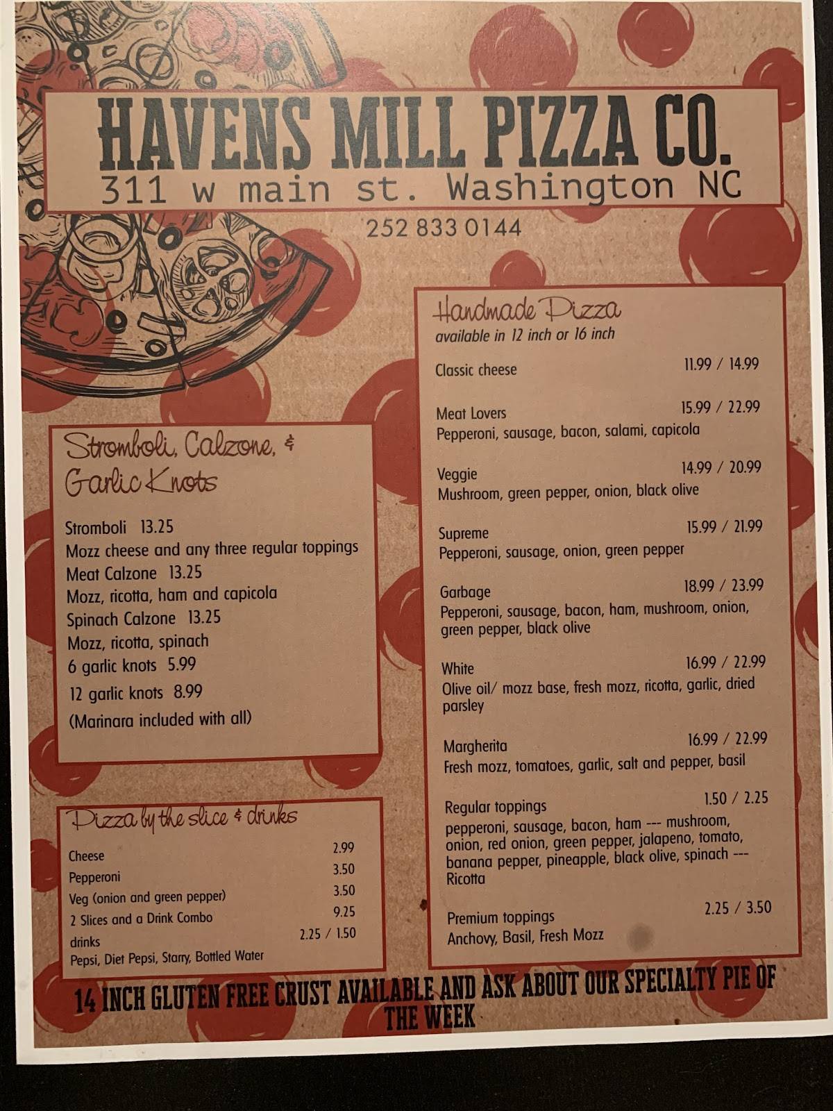 Menu at Havens Mill Pizza Company pizzeria, Washington