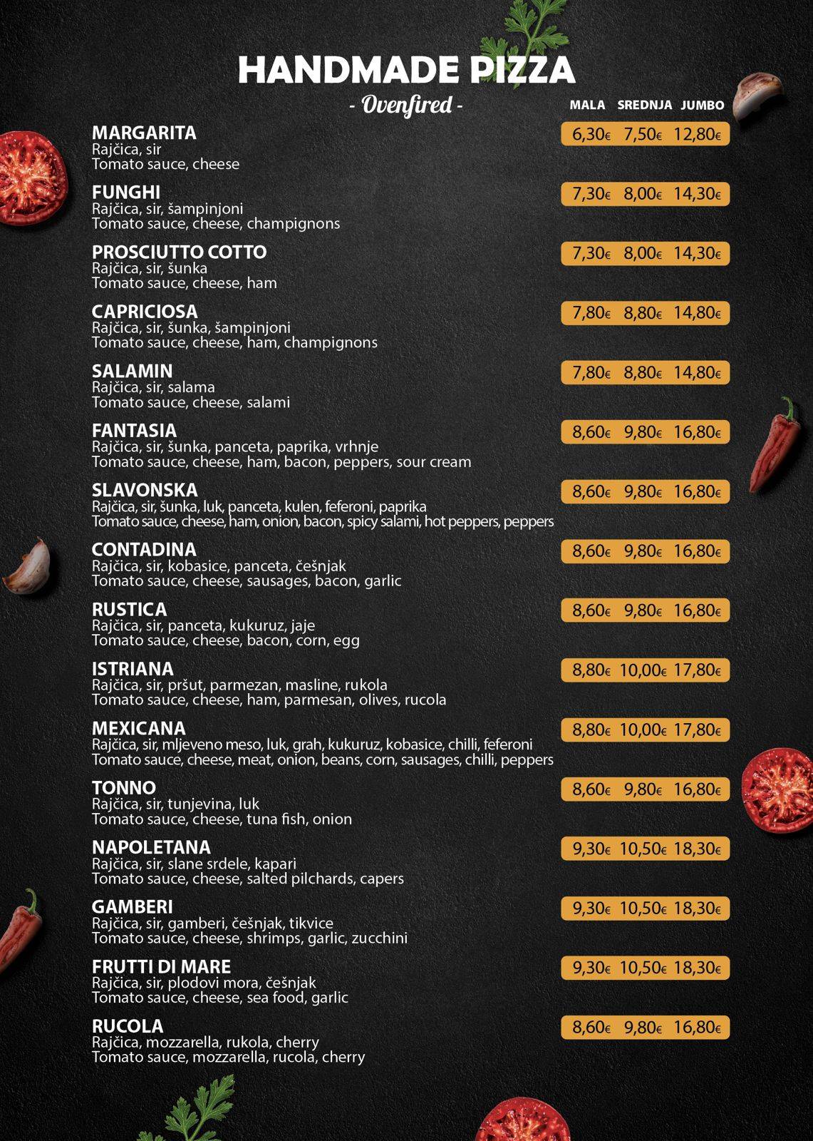 Menu at Pizzeria LEMA, Pula