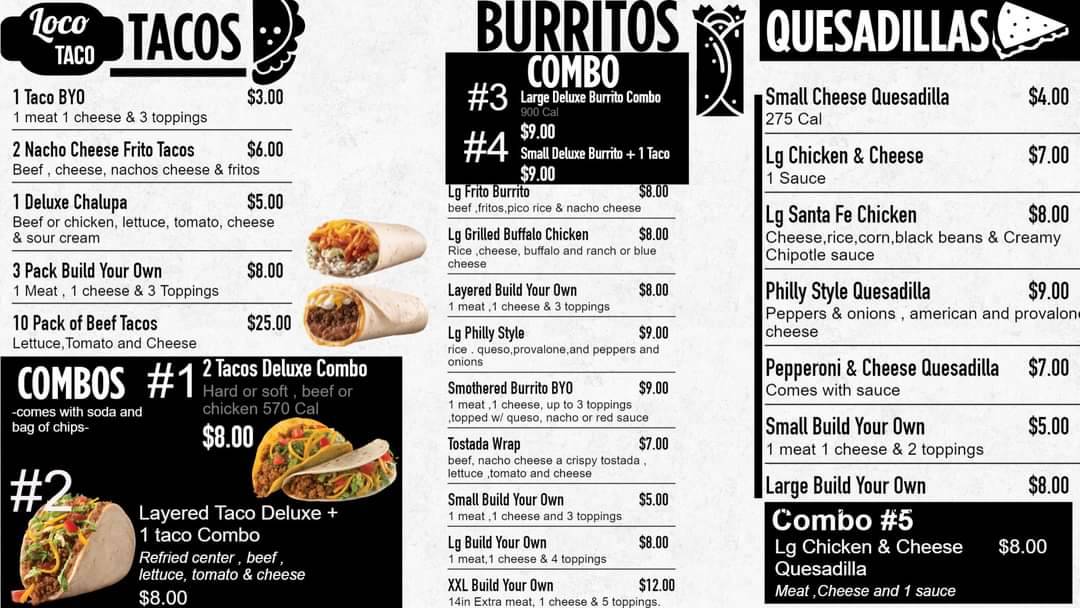 Carta de pizzería LOCO TACO, Gallipolis