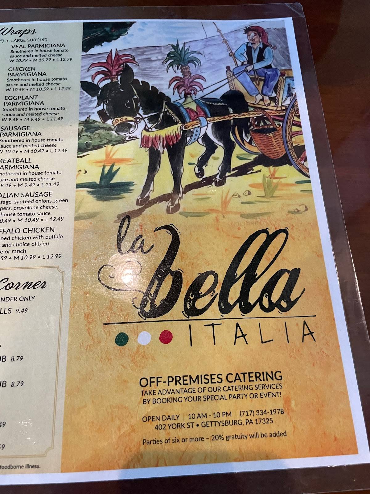 Menu at La Bella Italia pizzeria, Gettysburg