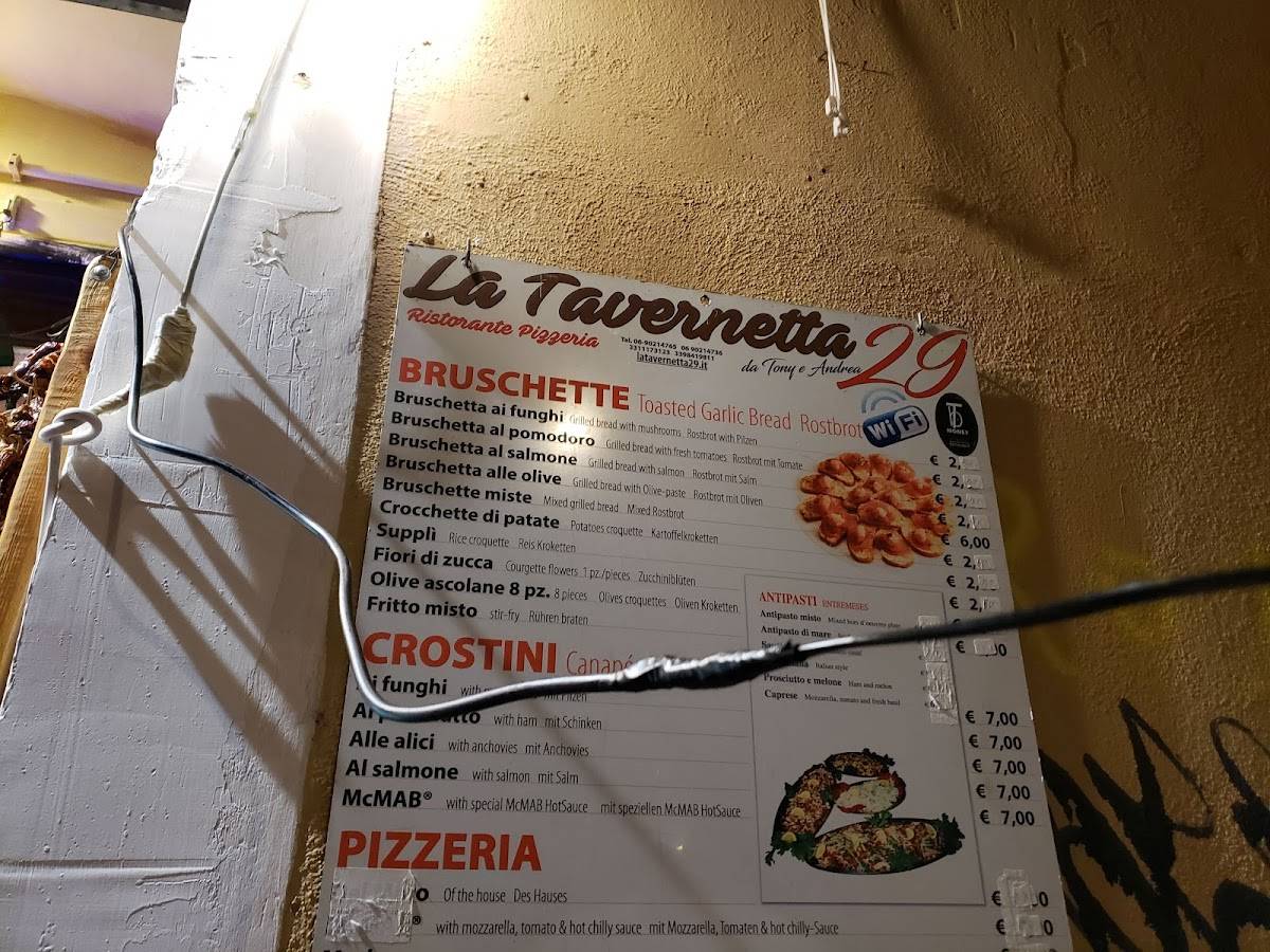 Menu at La Tavernetta 29 da Tony e Andrea pizzeria, Rome