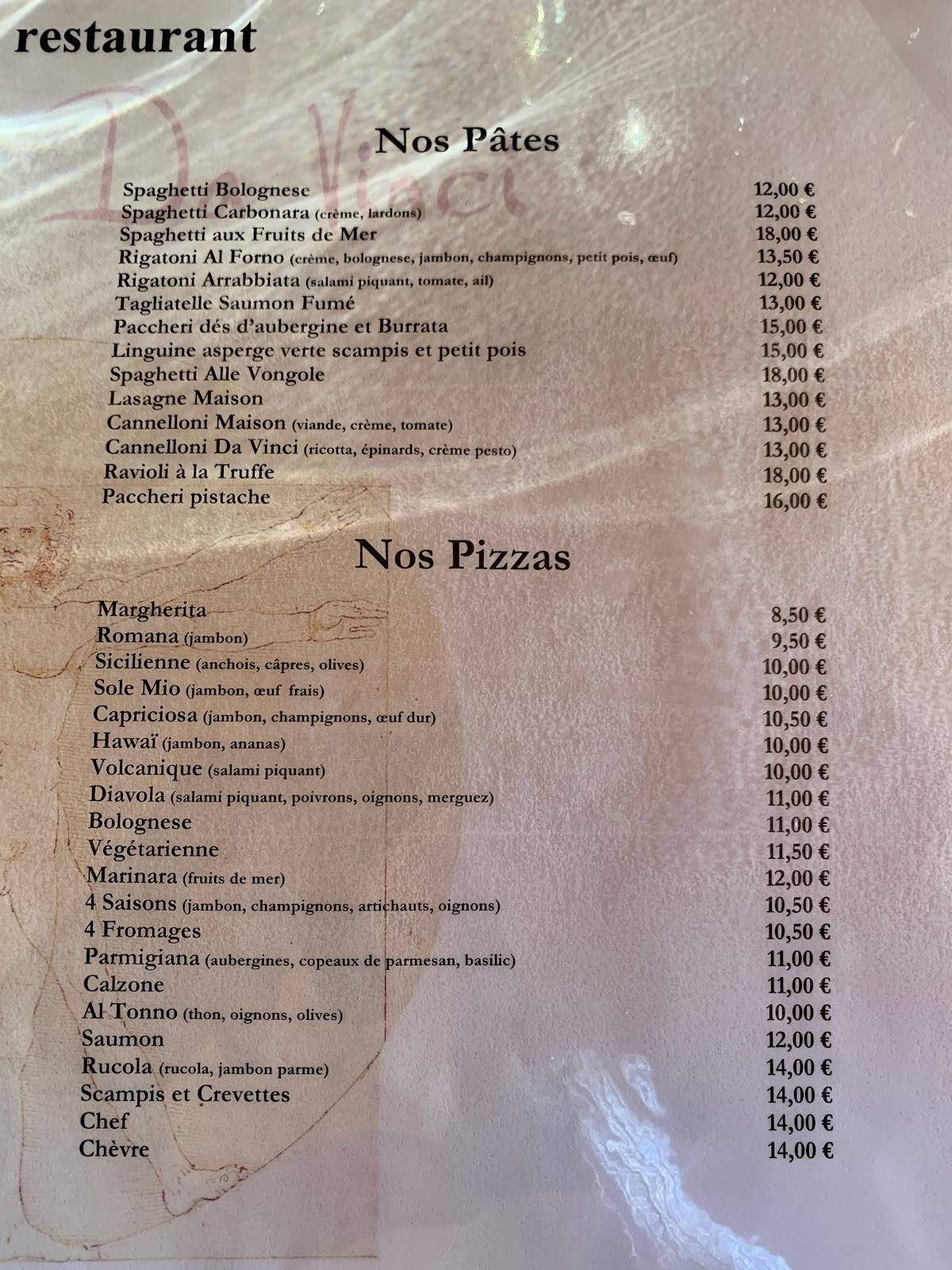 Menu at Leonardo da Vinci, Ans