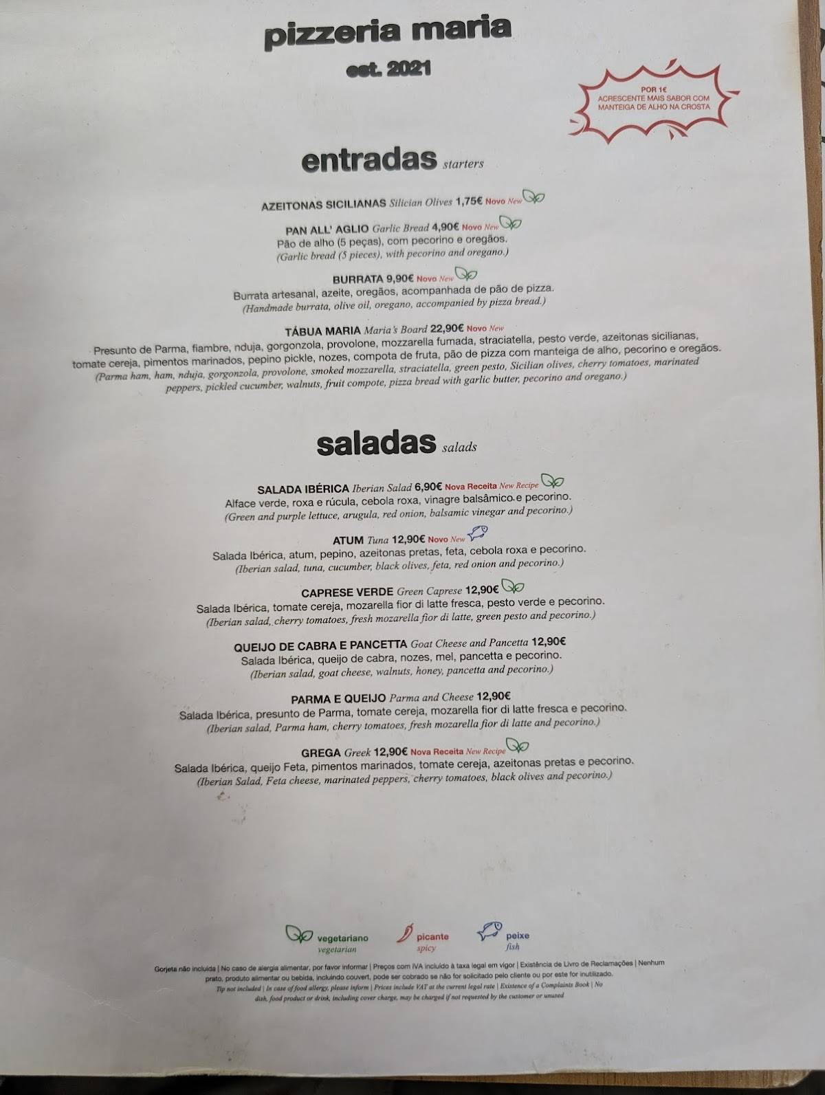 Menu em Pizzeria Maria, Lisboa