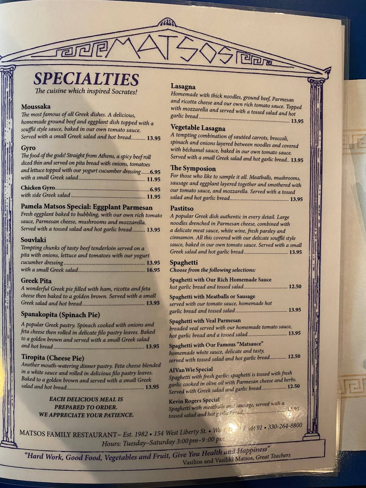 Menu at Matsos Family Restaurant, Wooster