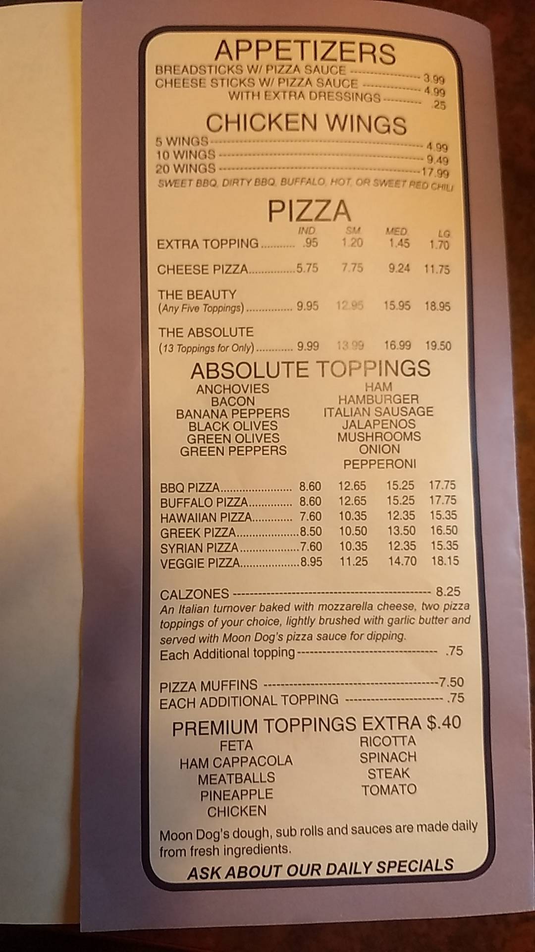 Menu at Moon Dog Brick Oven - Wise, VA pizzeria, Wise