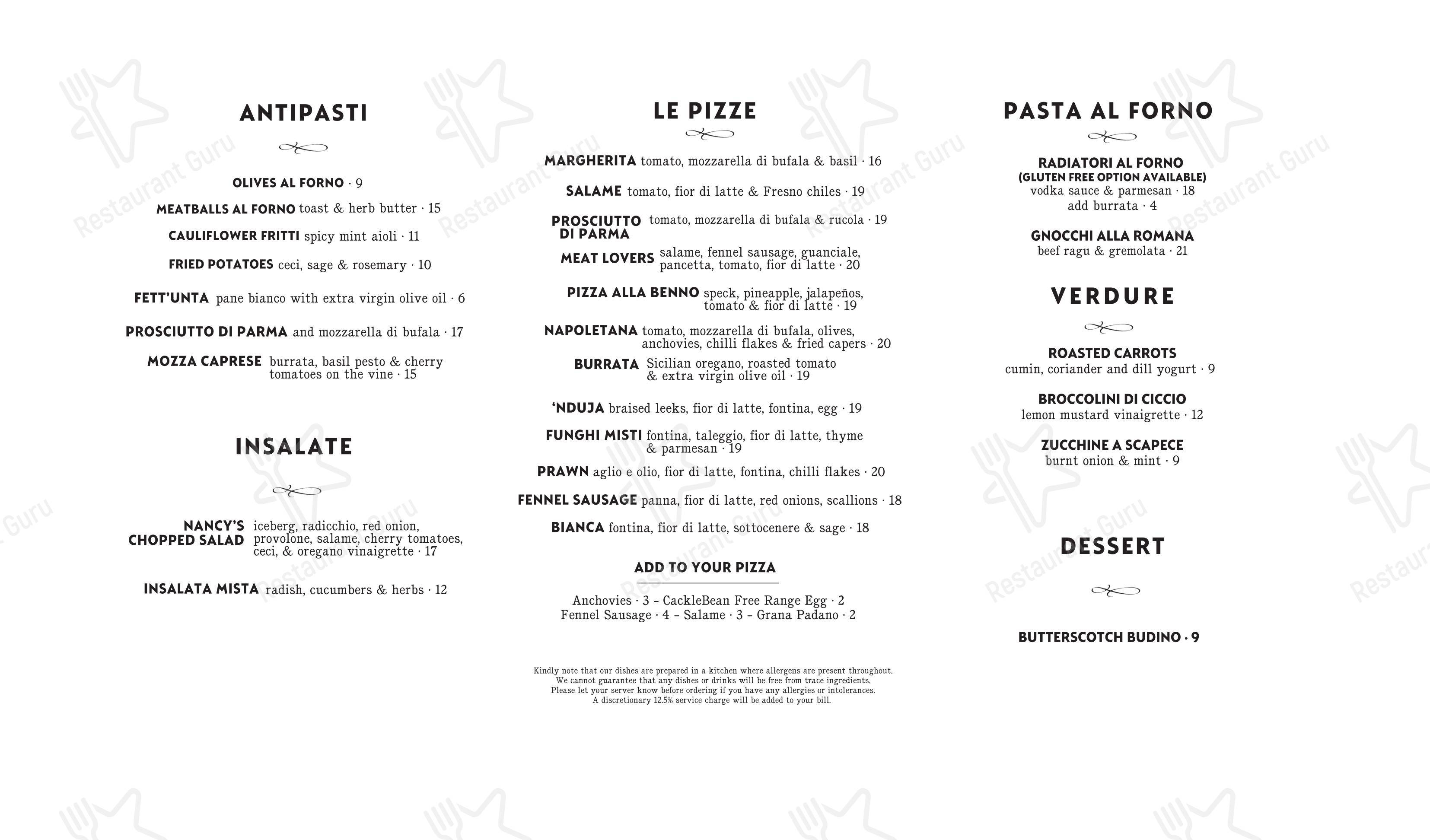 Menu at Pizzeria Mozza, London