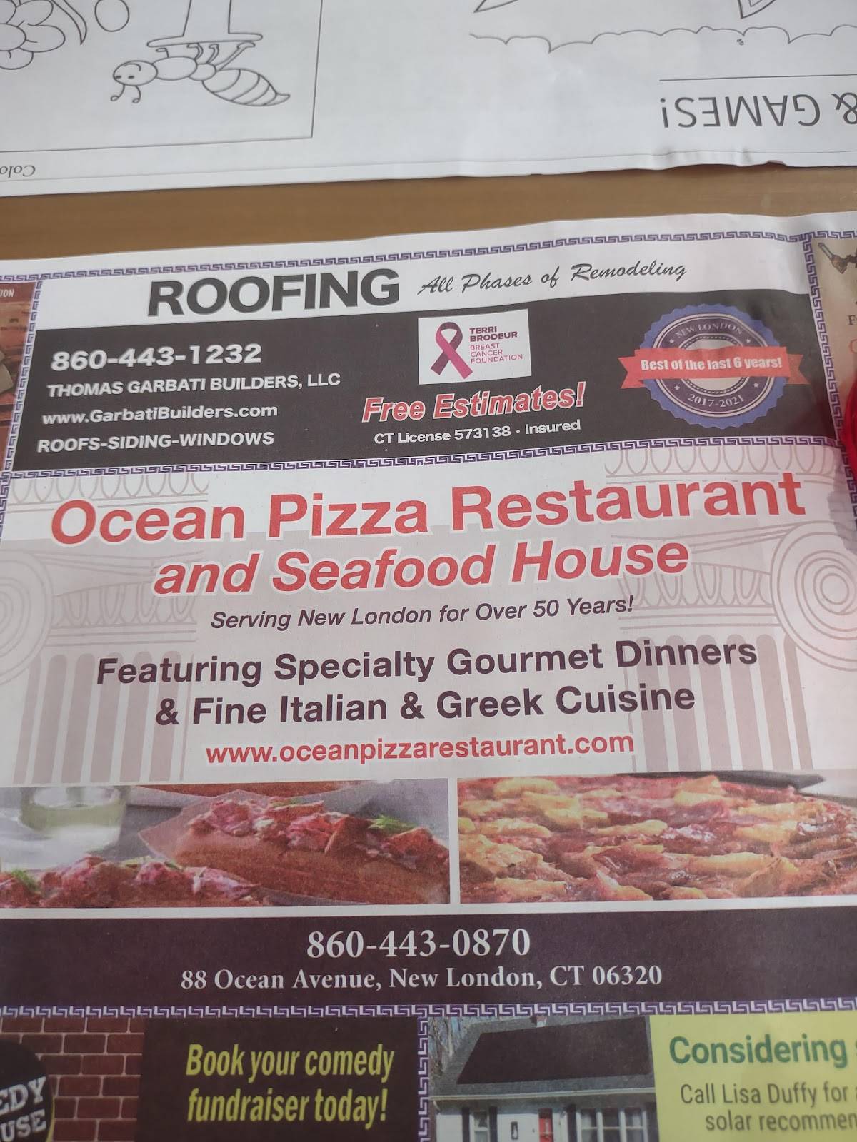 Menu at Ocean Pizza Restaurant and Seafood House, New London