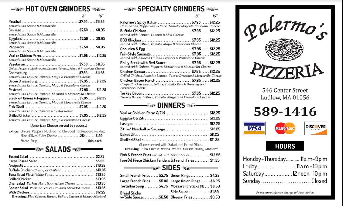 Menu at Palermo's Pizzeria, Ludlow