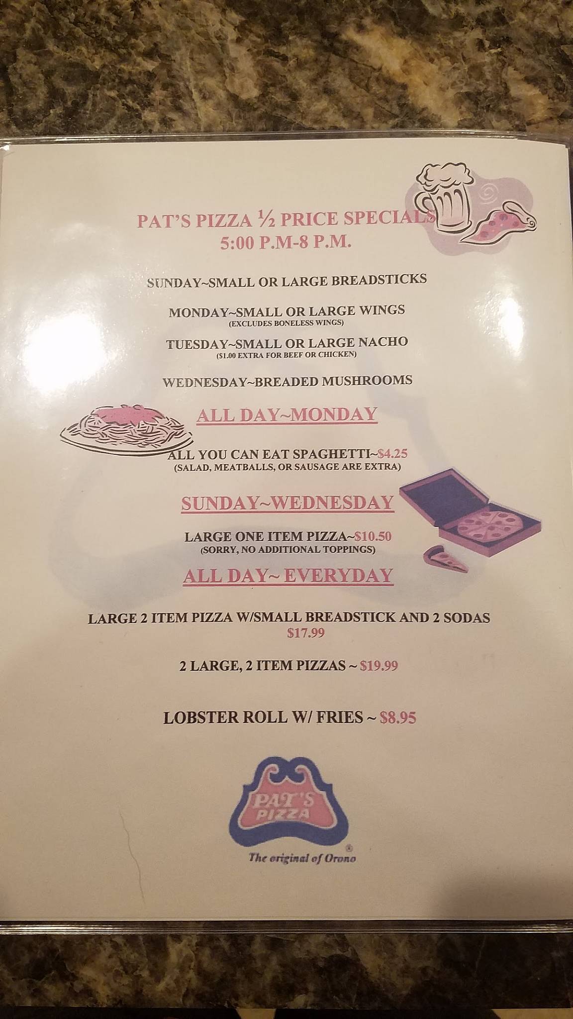 Menu at Pat's Pizza of Presque Isle pizzeria, Presque Isle