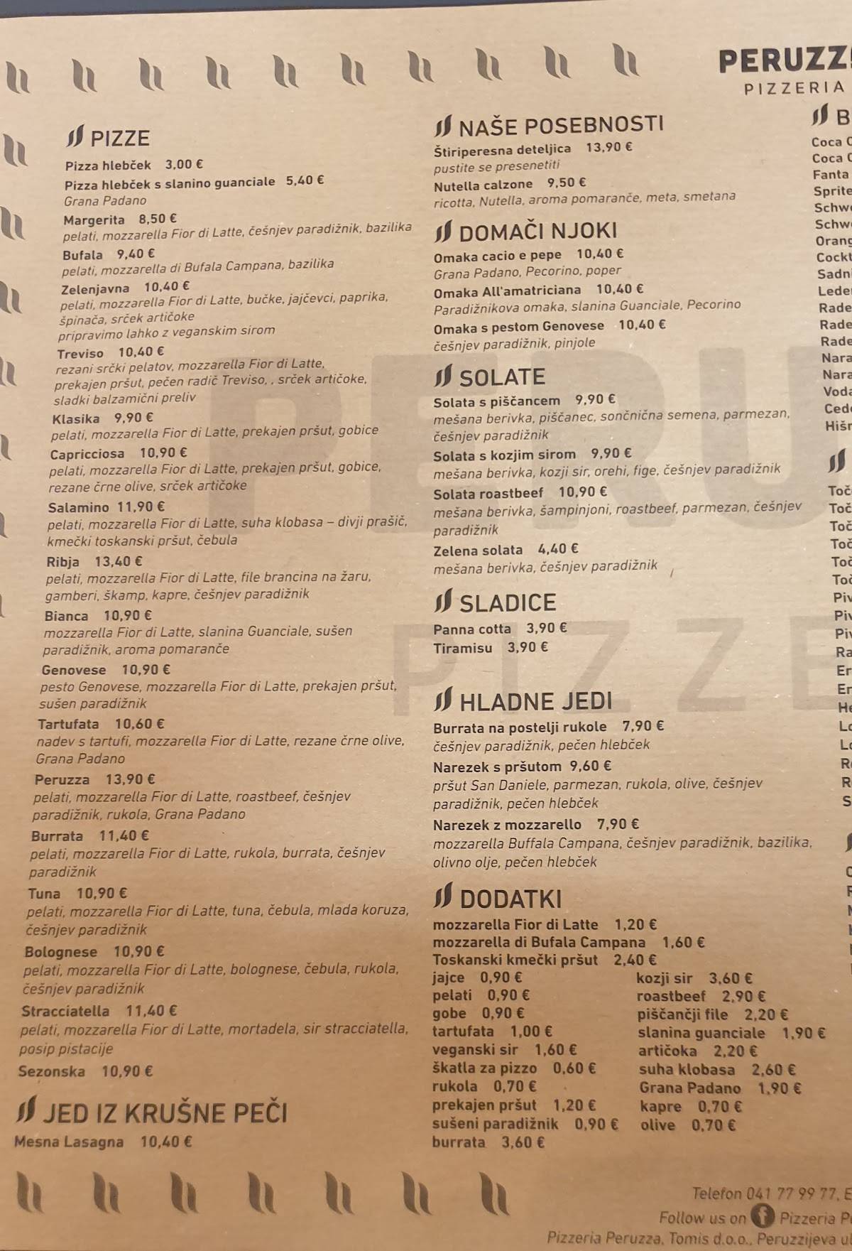 Menu at Pizzeria Peruzza, Ljubljana