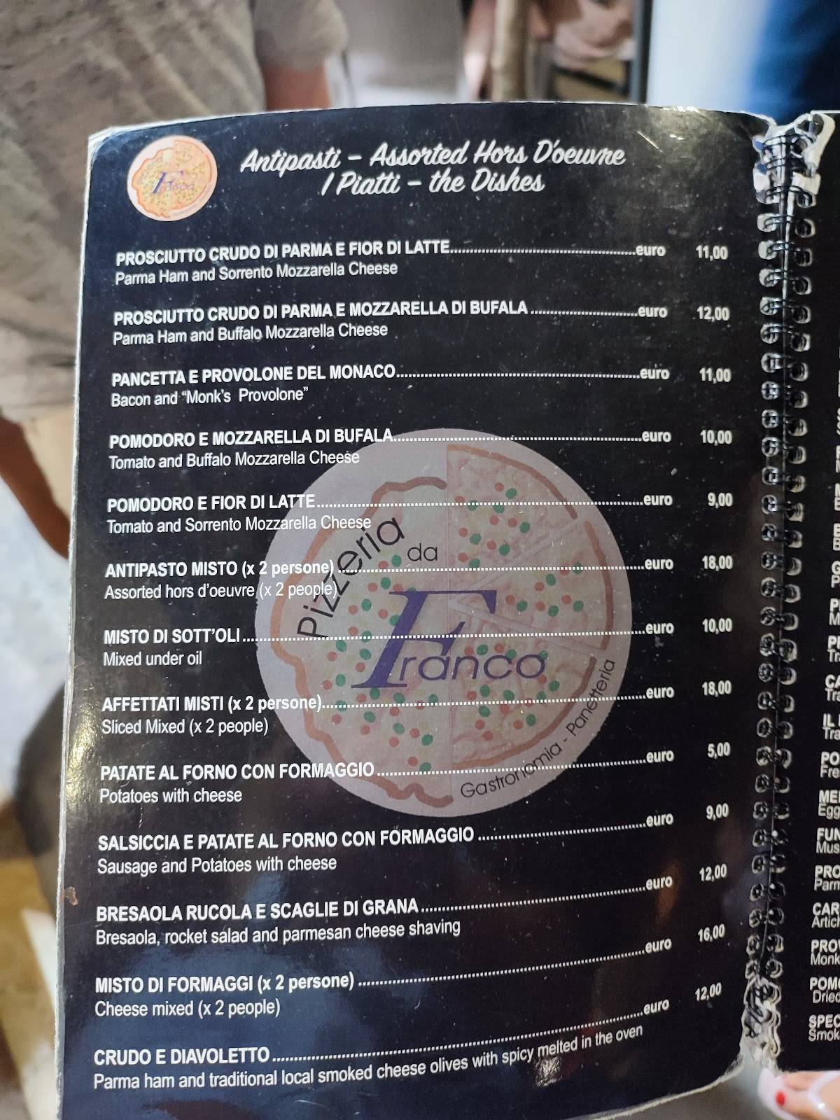 Menu at Pizzeria da Franco, Sorrento, Corso Italia