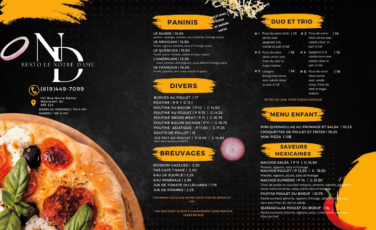 Menu au Resto Le Notre-Dame pizzeria, Maniwaki