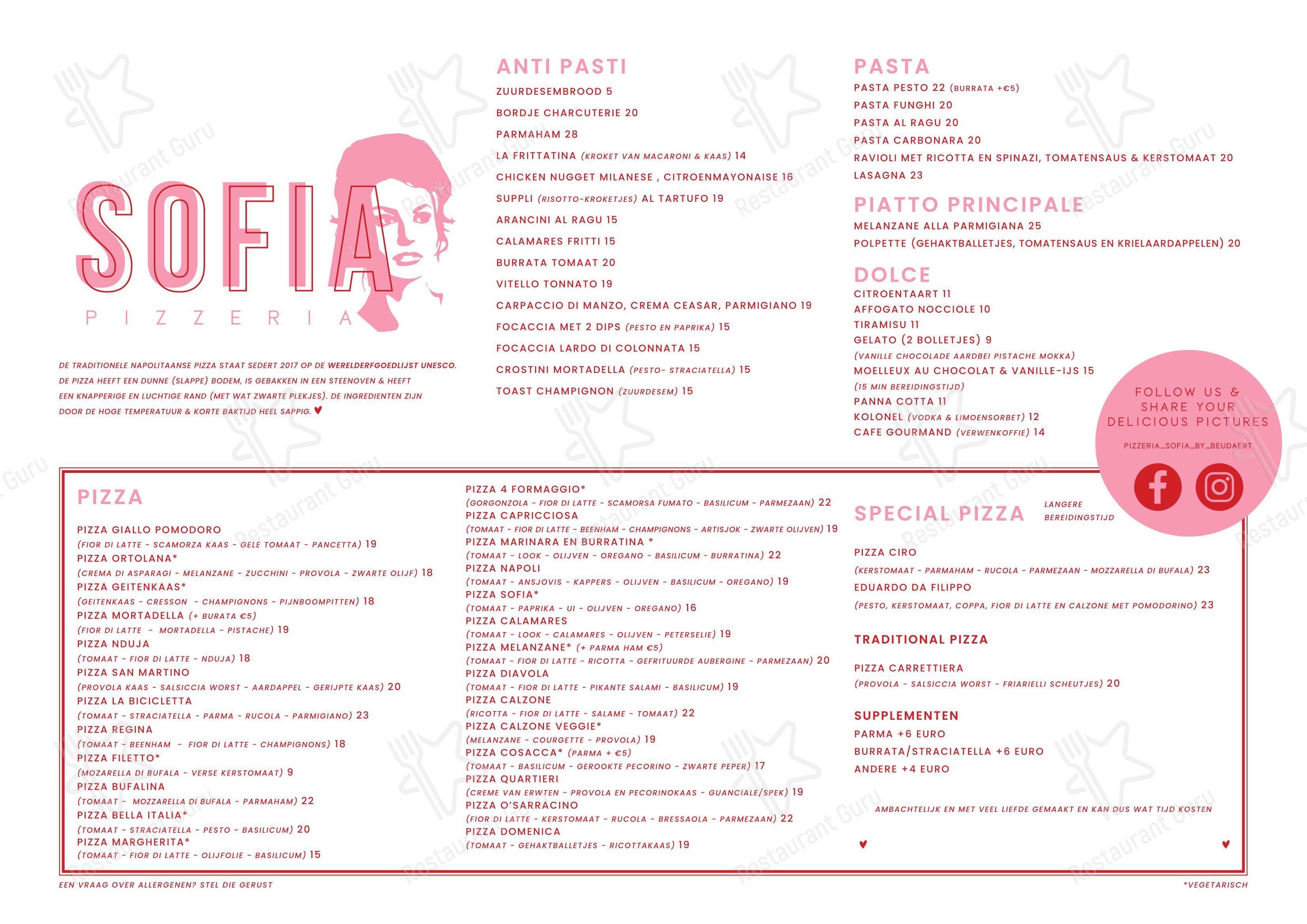 Menu at Pizzeria Sofia, Kortrijk