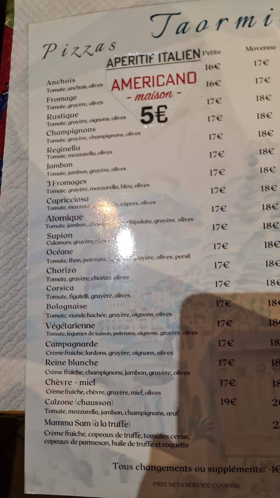Menu au Pizzeria Taormina, Toulon