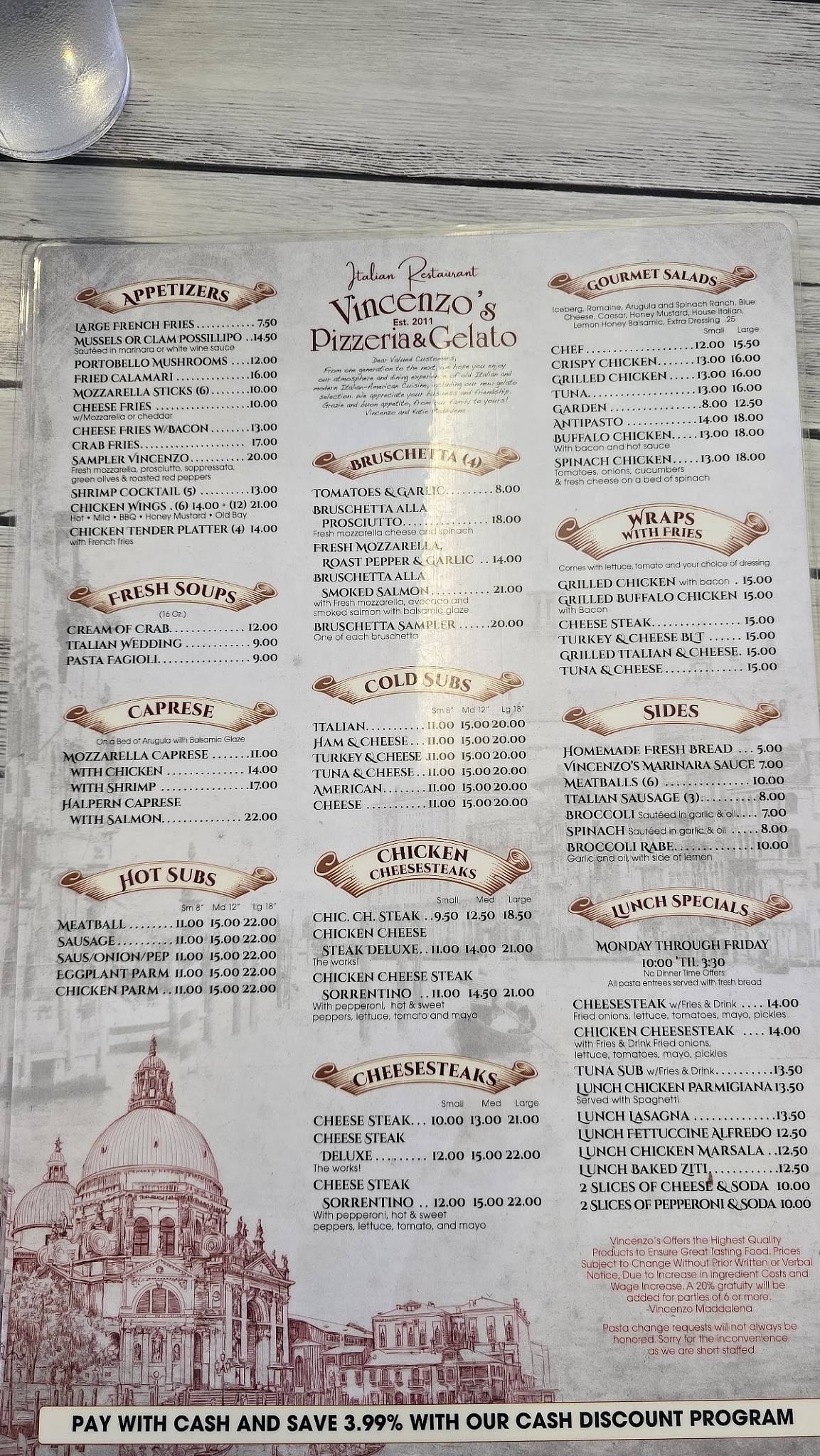 Menu at Vincenzo's Italian Restaurant & Gelato, Dover