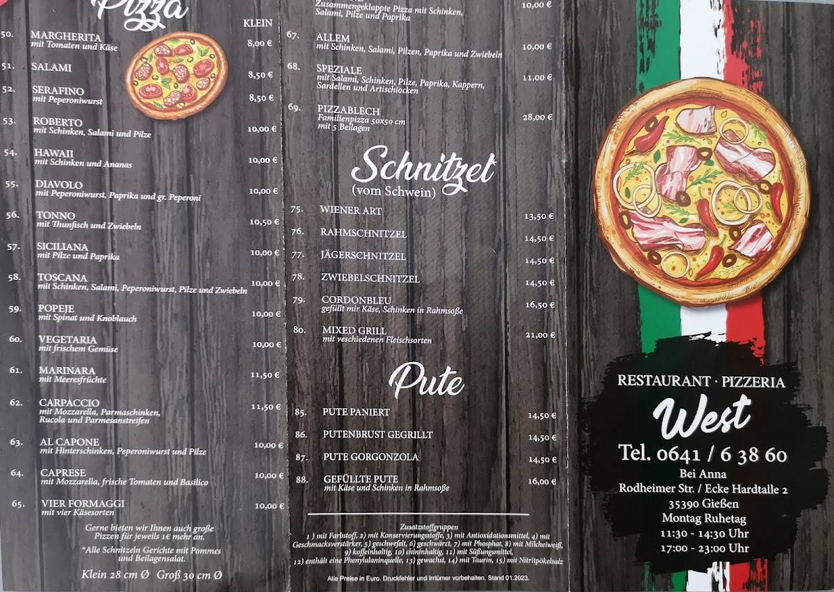 Speisekarte von Pizzeria West Gießen, Gießen