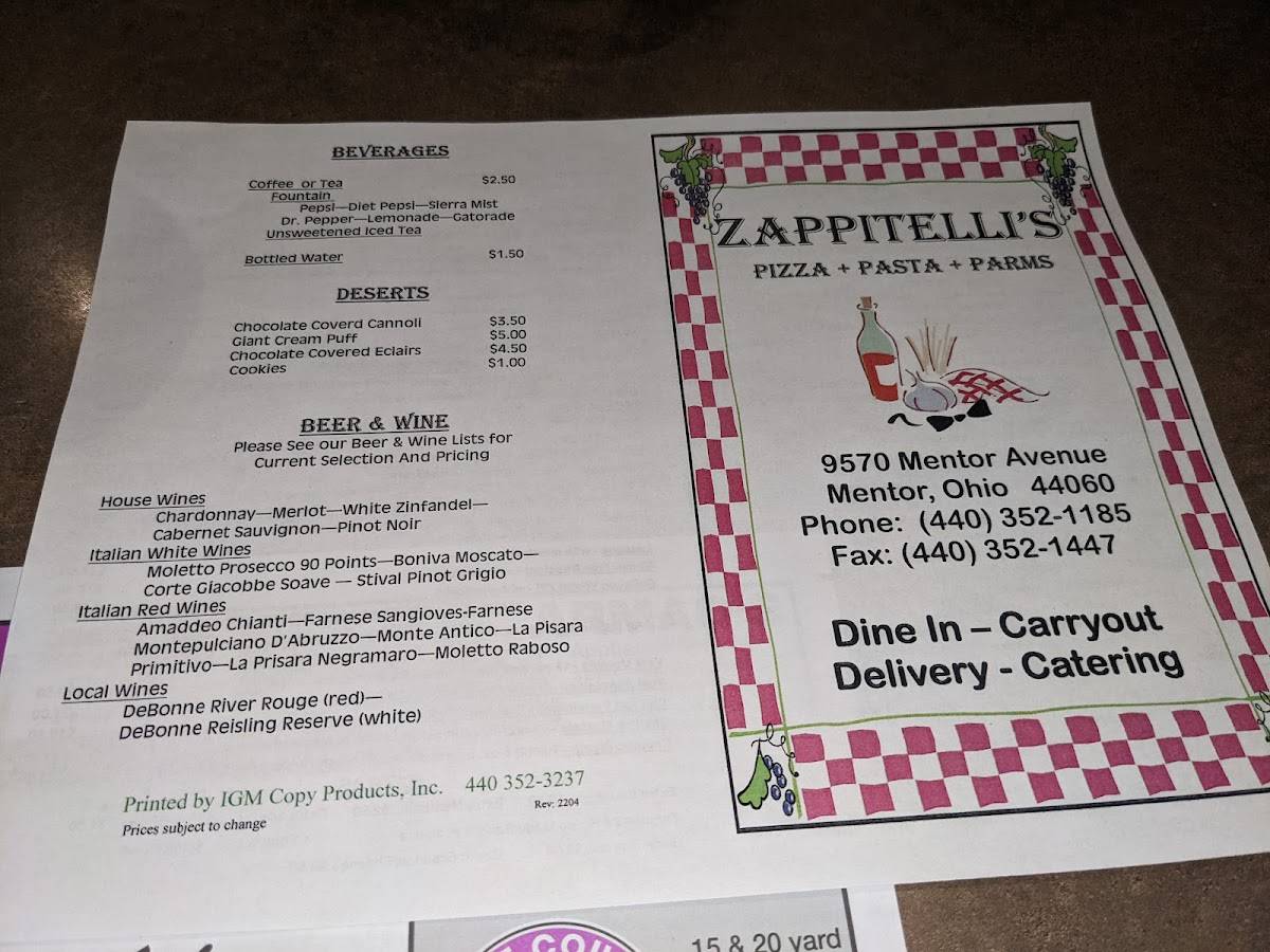 Menu at Zappitelli's Pizza, Pasta & Parm pizzeria, Mentor