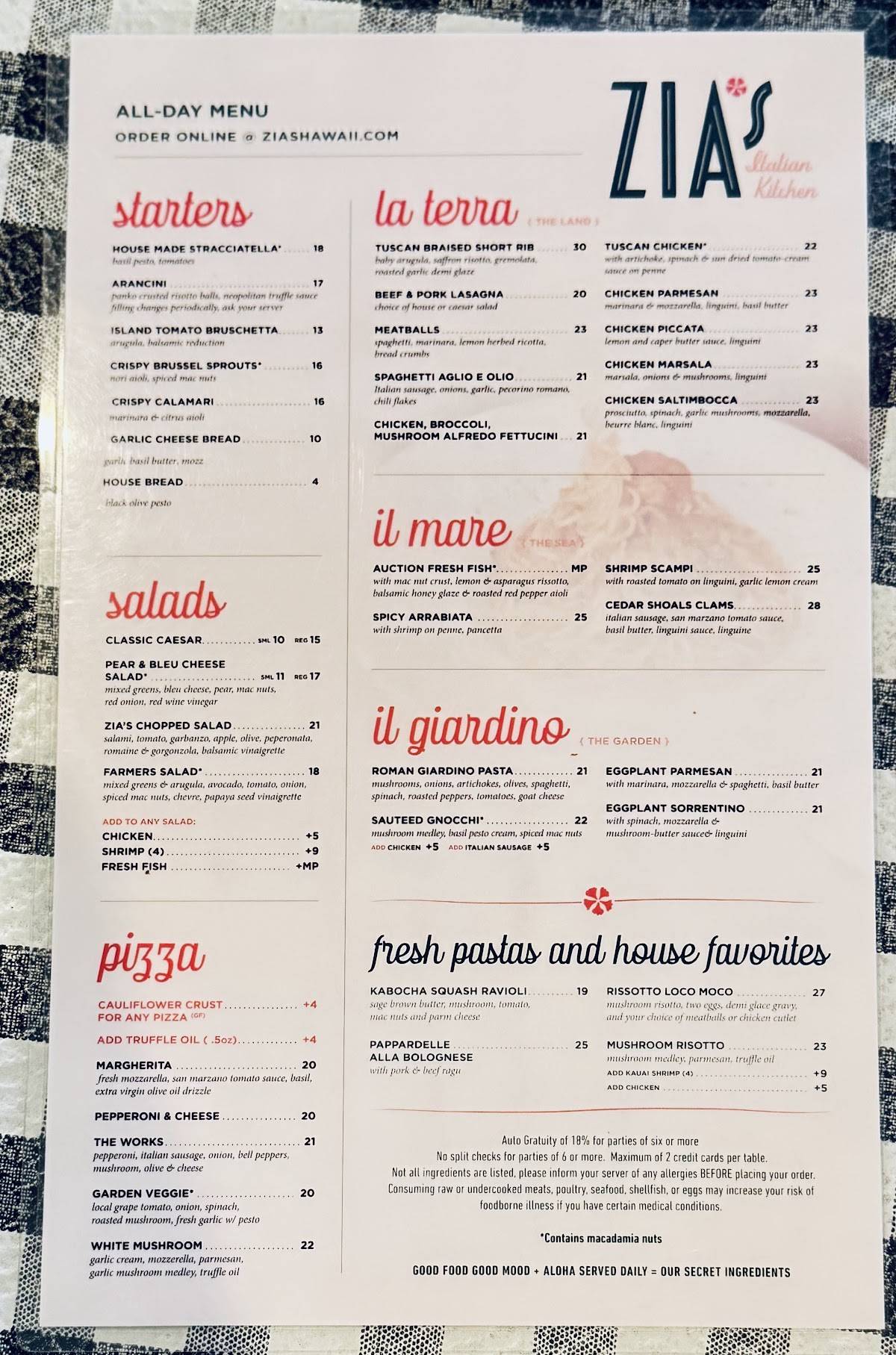 Menu at Zia's Caffe pizzeria, Kaneohe, 45-620 Kamehameha Hwy