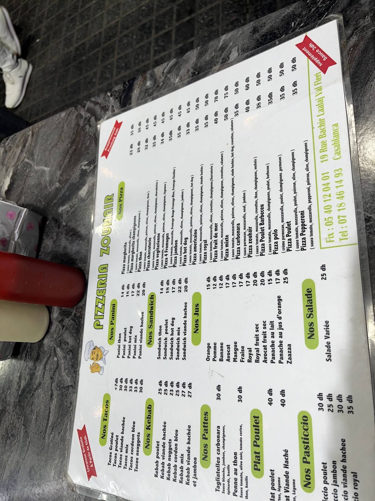 Menu au Pizzeria Zouhair, Casablanca