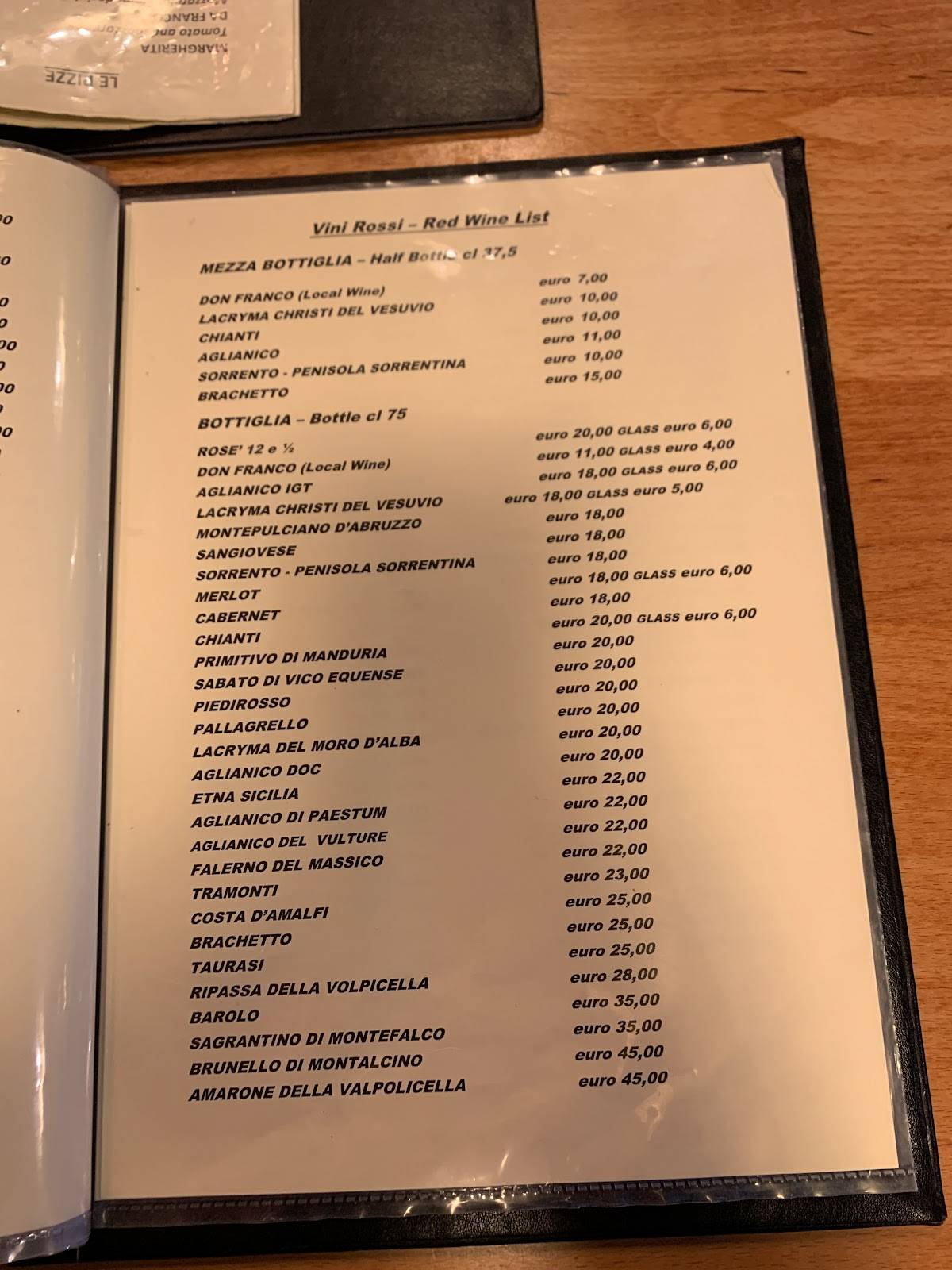 Menu at Pizzeria da Franco, Sorrento, Corso Italia